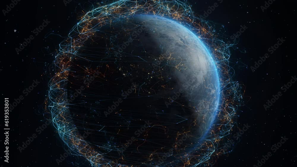 Animated digital lines over the Earth planet. Transmit 5G ...
