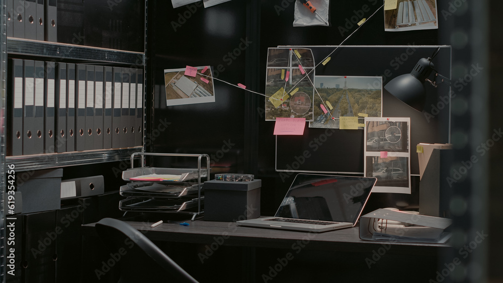 Police investigation office with research board and desk, criminal ...