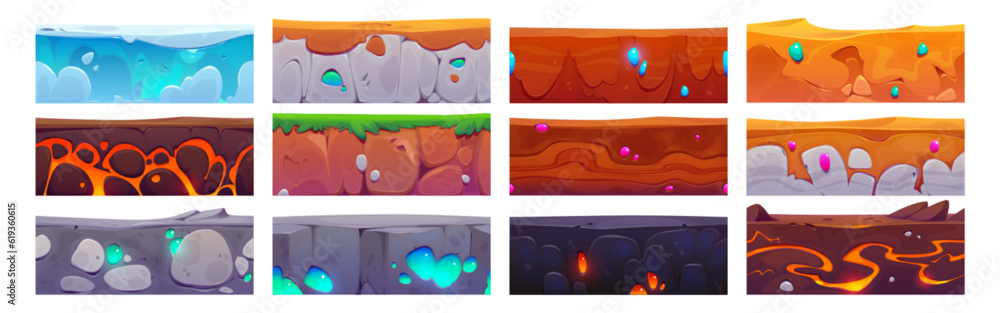 Cartoon set of seamless ground textures. Vector illustration of game ...