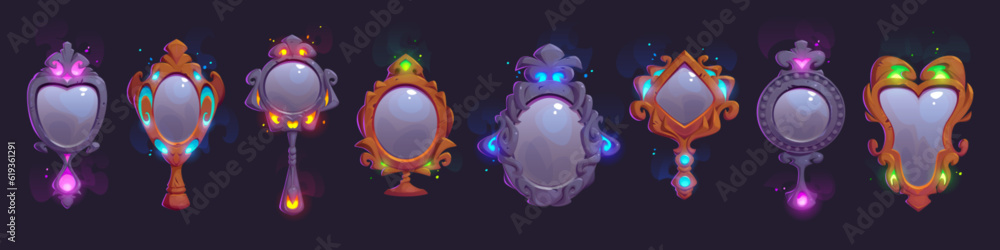 Magic princess mirror with glow frame cartoon vector. Antique halloween ...