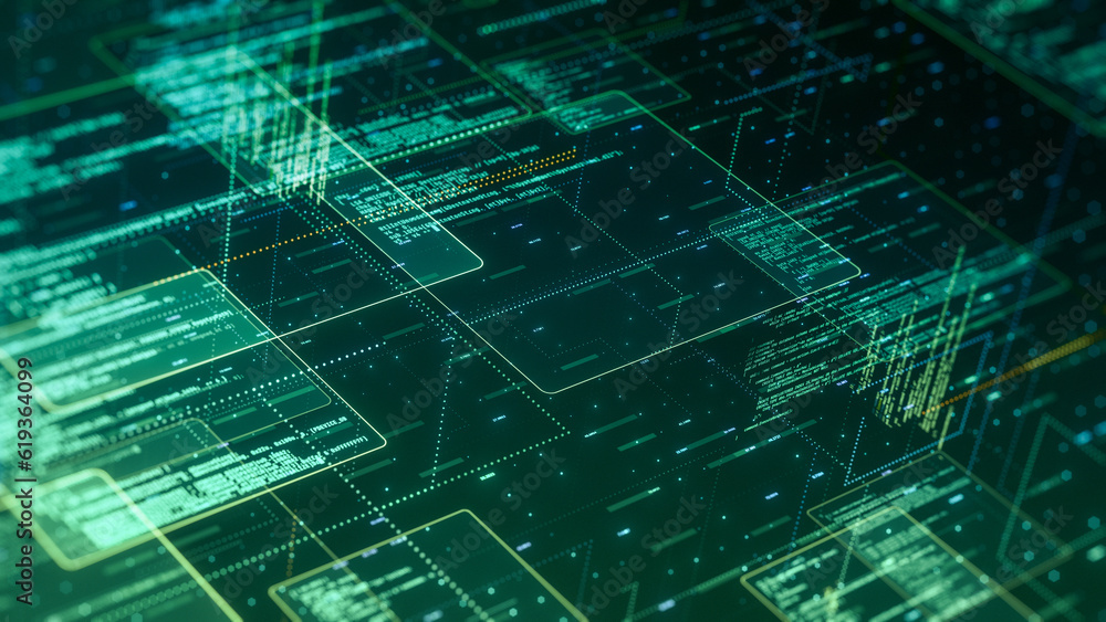 abstract network with random programming code, web and software development concept, futuristic ...