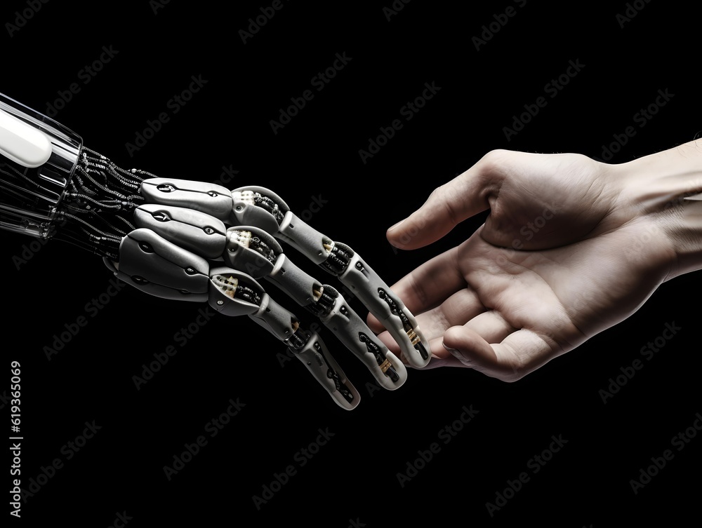 Robot hand and human hand reaching out for a handshake, symbolic and thought-provoking ...
