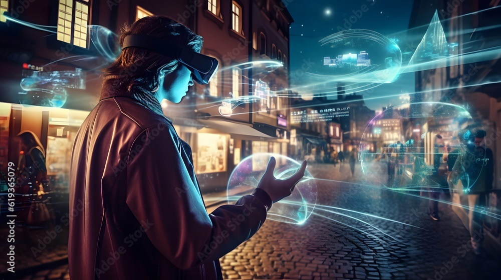Engaging scene of a person interacting with a futuristic augmented ...