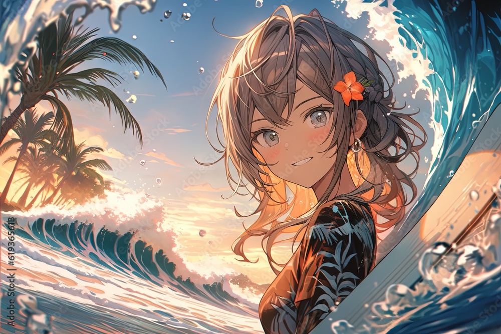 girl surfing big waves in hawaii manga anime style illustration ...