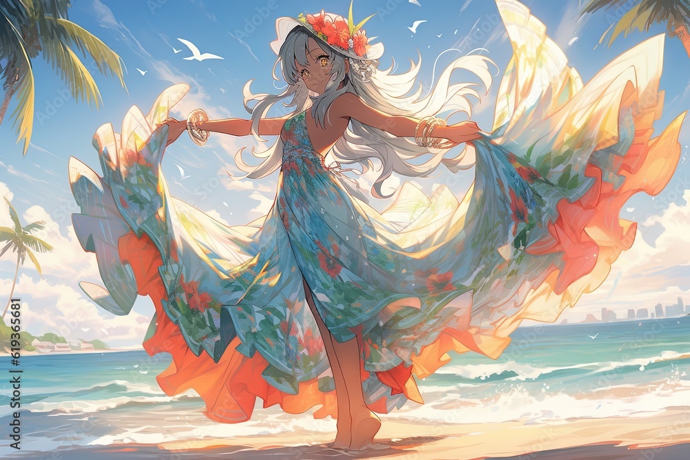 Exotic Samba: A girl dazzles on a tropical beach, swaying to vibrant ...