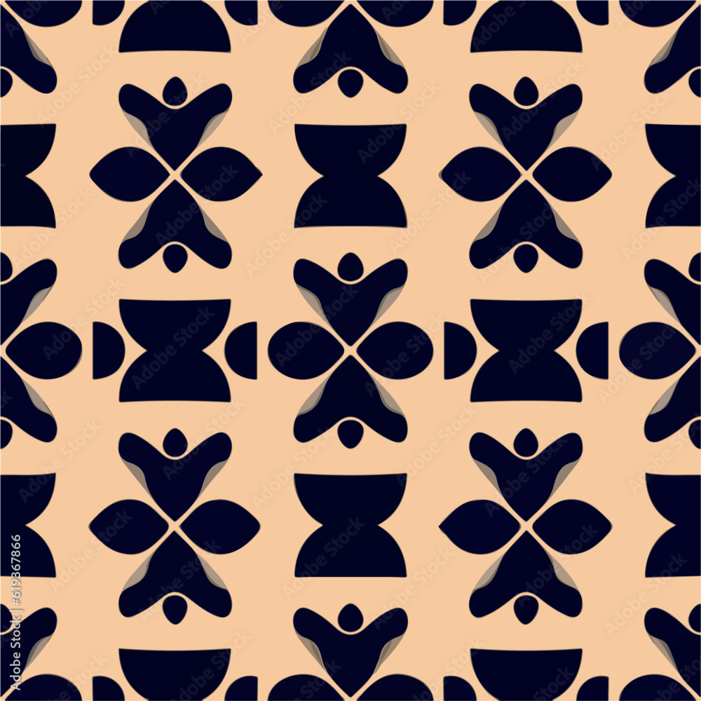 Repeating fabric pattern with black shapes on a beige background ...