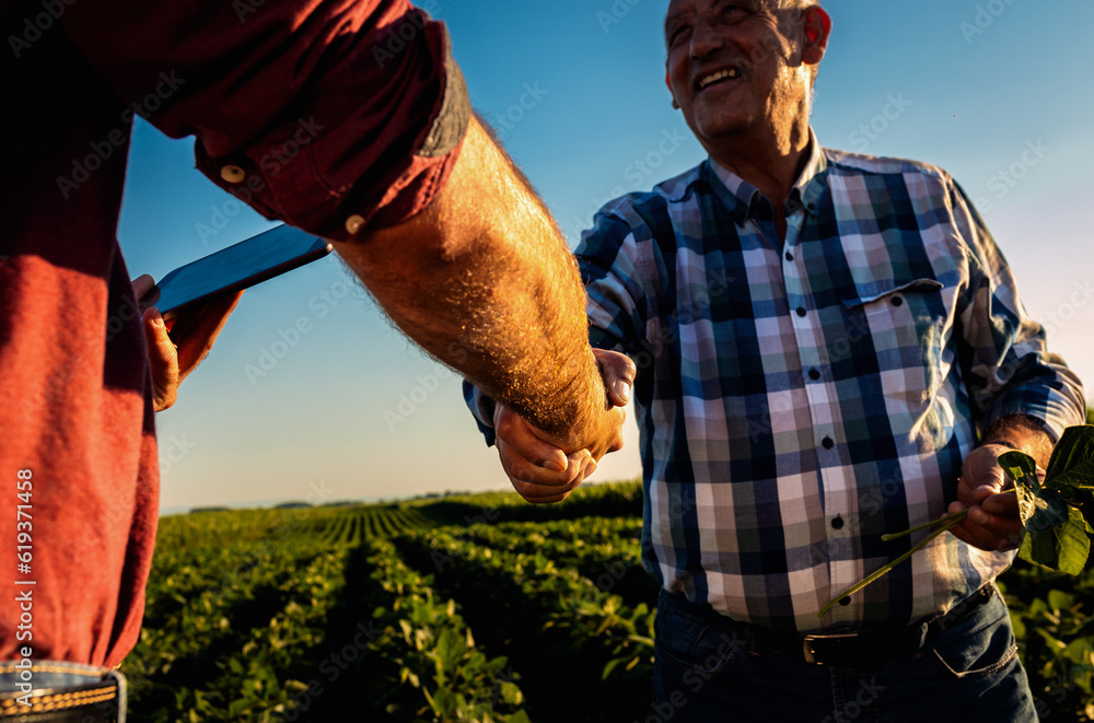 Two farmers in soy field making agreement with handshake at sunset ...