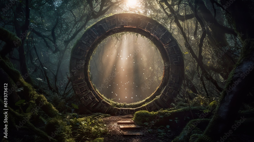 Round stone portal in the forest, an abandoned temple. Path made of ...