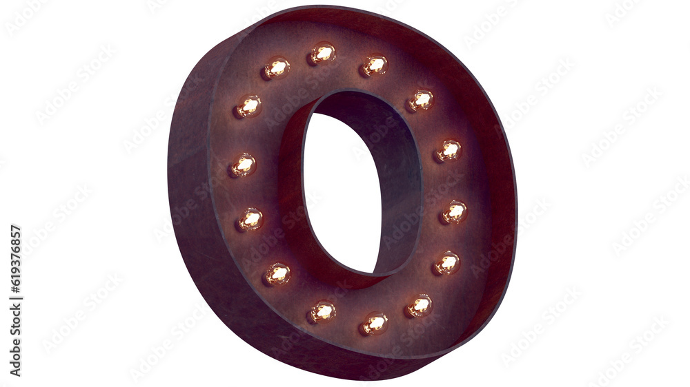 Light bulb glowing letter alphabet character O font. Perspective view ...