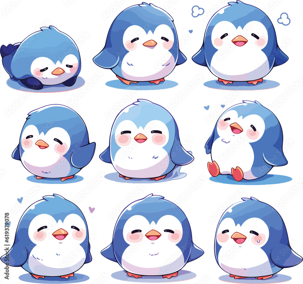 set of happy cute baby blue penguin sticker generate with AI Stock ...