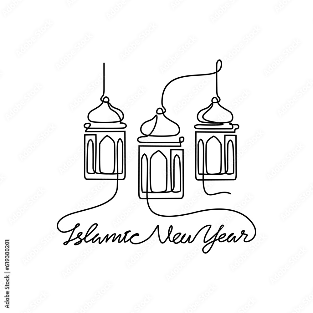 One continuous line drawing of Islamic New Year. Islamic holiday that ...