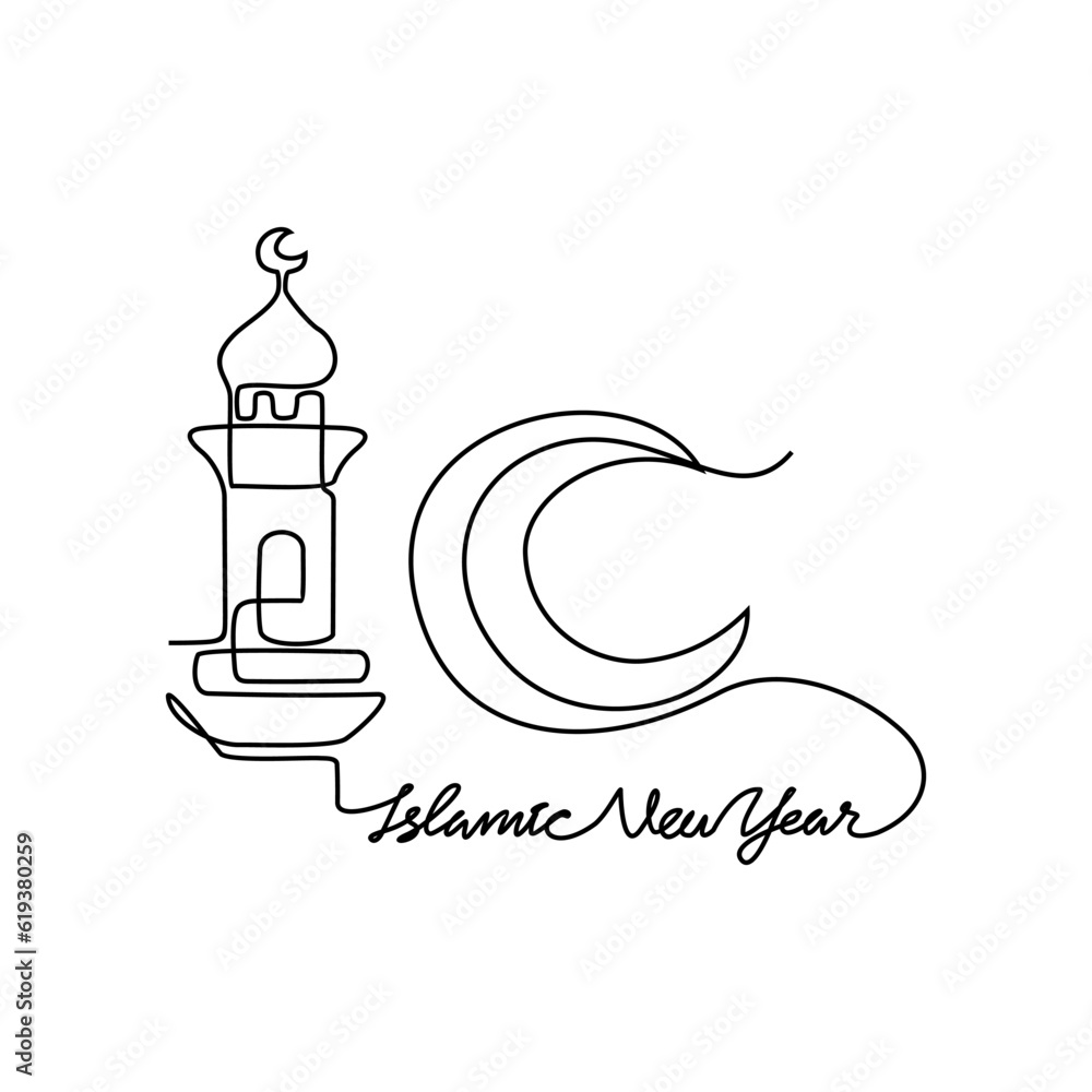 One continuous line drawing of Islamic New Year. Islamic holiday that ...