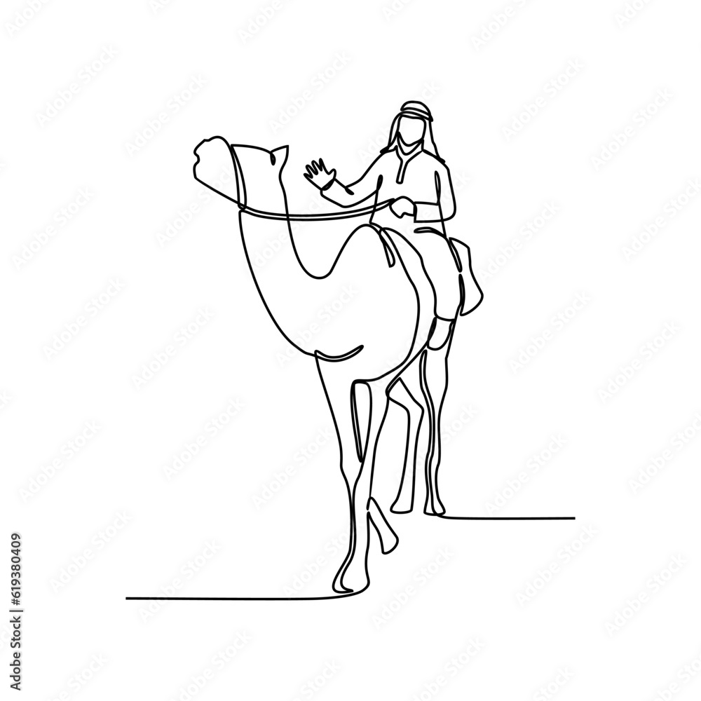 Vetor de One continuous line drawing of people are riding camels in the ...