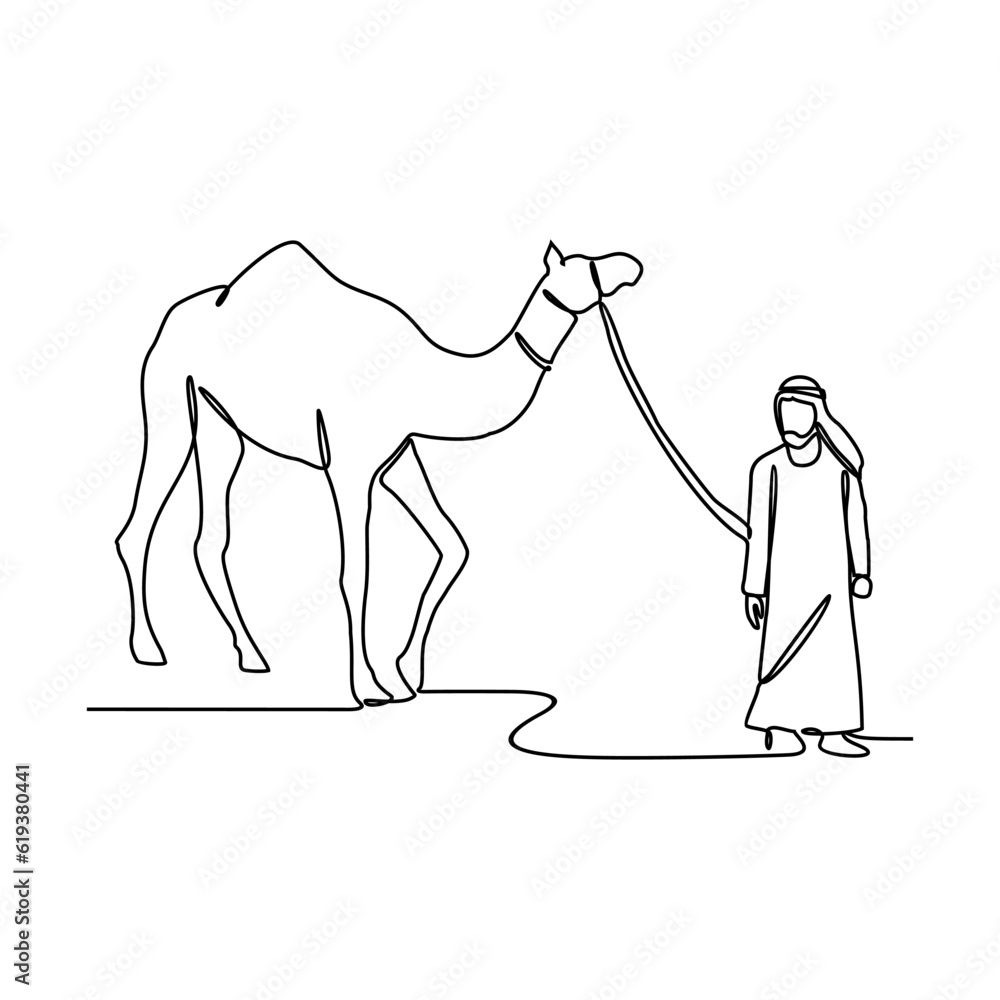 One continuous line drawing of people are riding camels in the desert ...