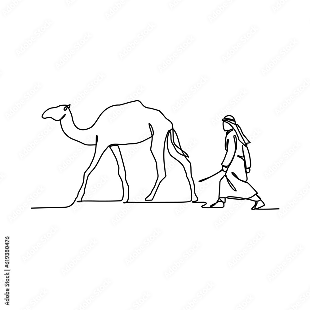 Vecteur Stock One continuous line drawing of people are riding camels ...