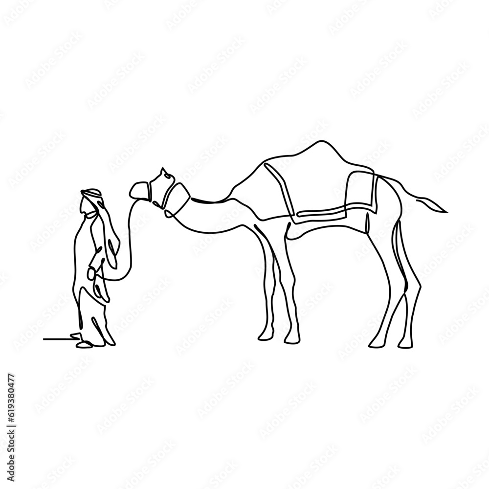 One continuous line drawing of people are riding camels in the desert ...