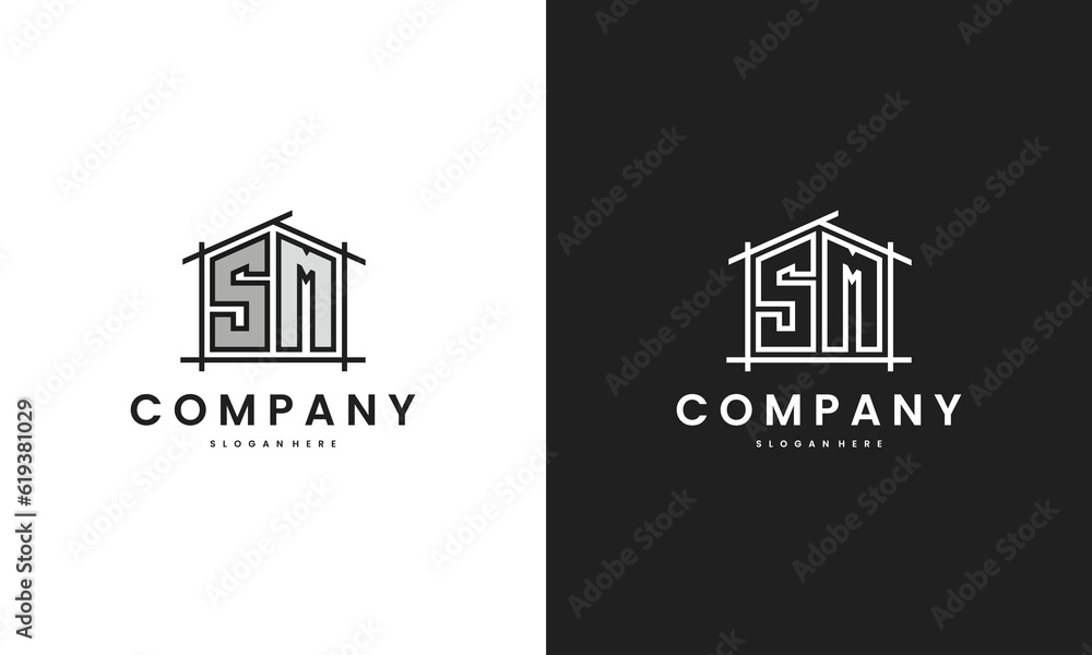 Initial SM home logo with creative house element in line art style ...