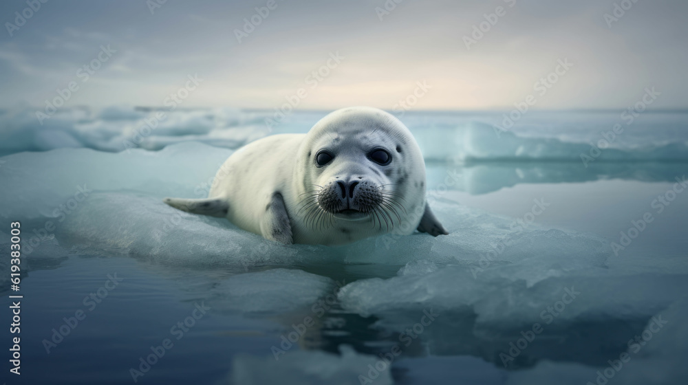 Harp seal pup on melting snow, affected by climate change and global ...