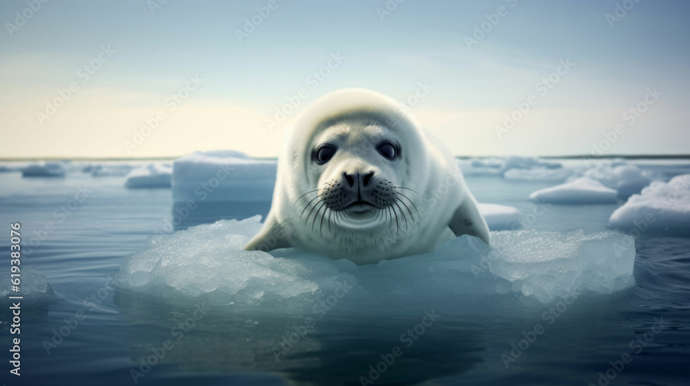 Harp seal pup on melting snow, affected by climate change and global ...