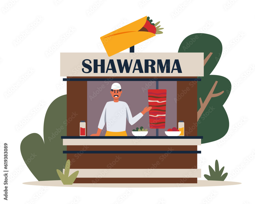 Cartoon character selling street food. Happy chef in white uniform ...