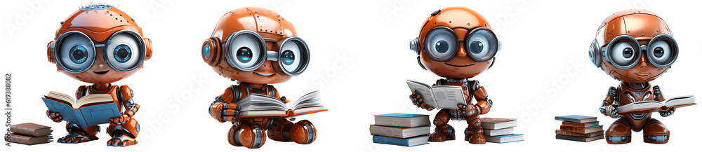 Collection of cute robots reading a book, set of little humanoids ...