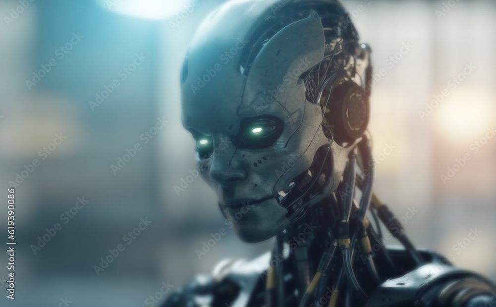 Closeup, metal and robot machine for war, fight and sci fi military ...