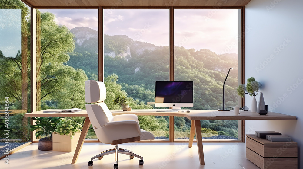 Side view on modern home office table with computer, chair and big ...