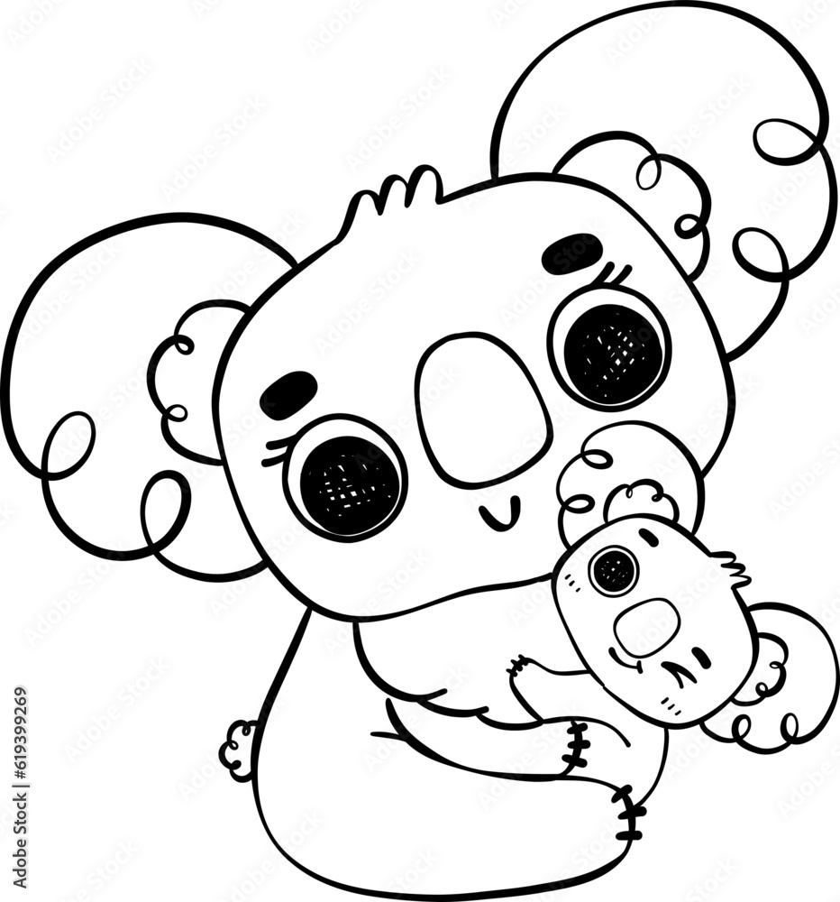 Sweet Mother's Day Koala Hug . Adorable Cartoon outline Hand Drawing ...
