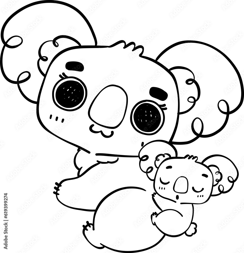 Sweet Mother's Day Koala Hug . Adorable Cartoon outline Hand Drawing ...