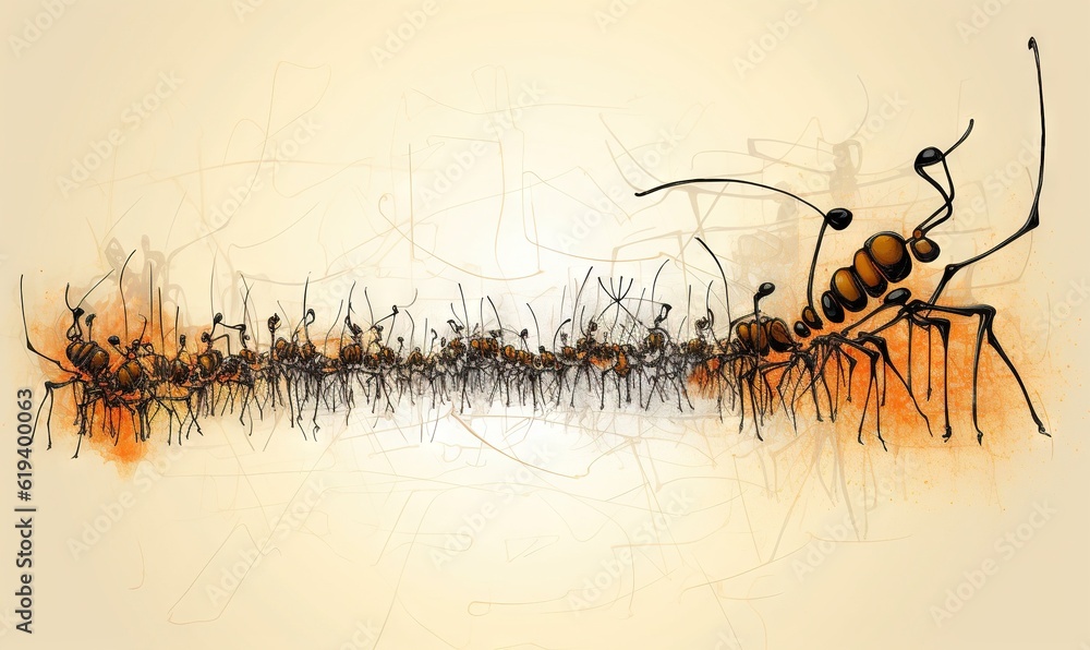 a painting of a group of ants in a line on a white background ...