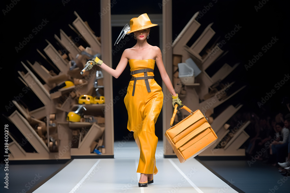 Fashion model strutting down a runway in extravagant gown, with a ...