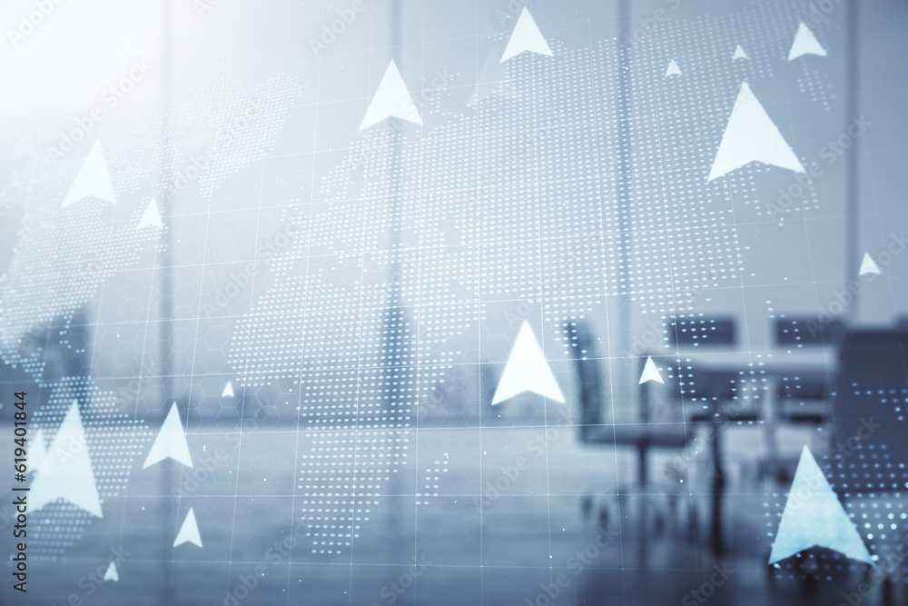 Abstract virtual geolocations map sketch on a modern boardroom ...