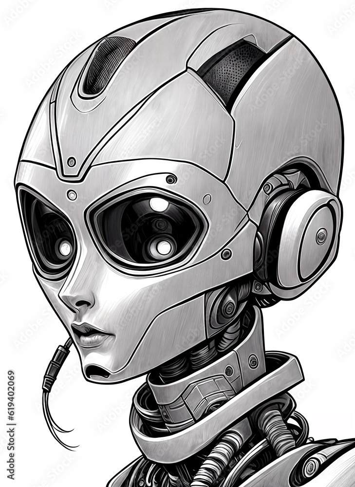 Pencil drawing portrait of cyborg woman with metallic body parts.Black ...