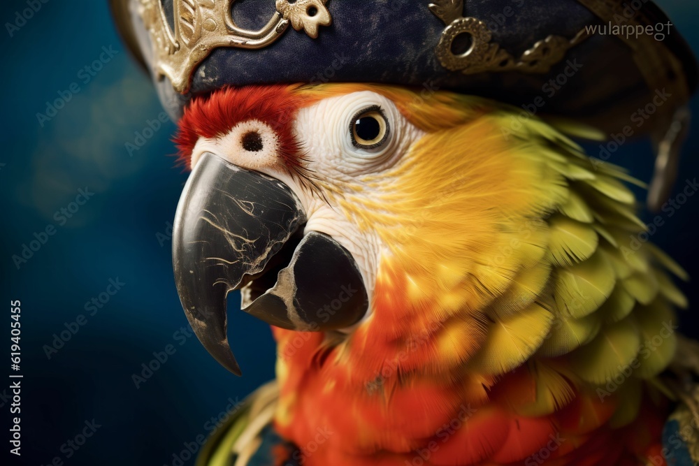 AI generated illustration of a funny Scarlet Macaw in a pirate costume ...