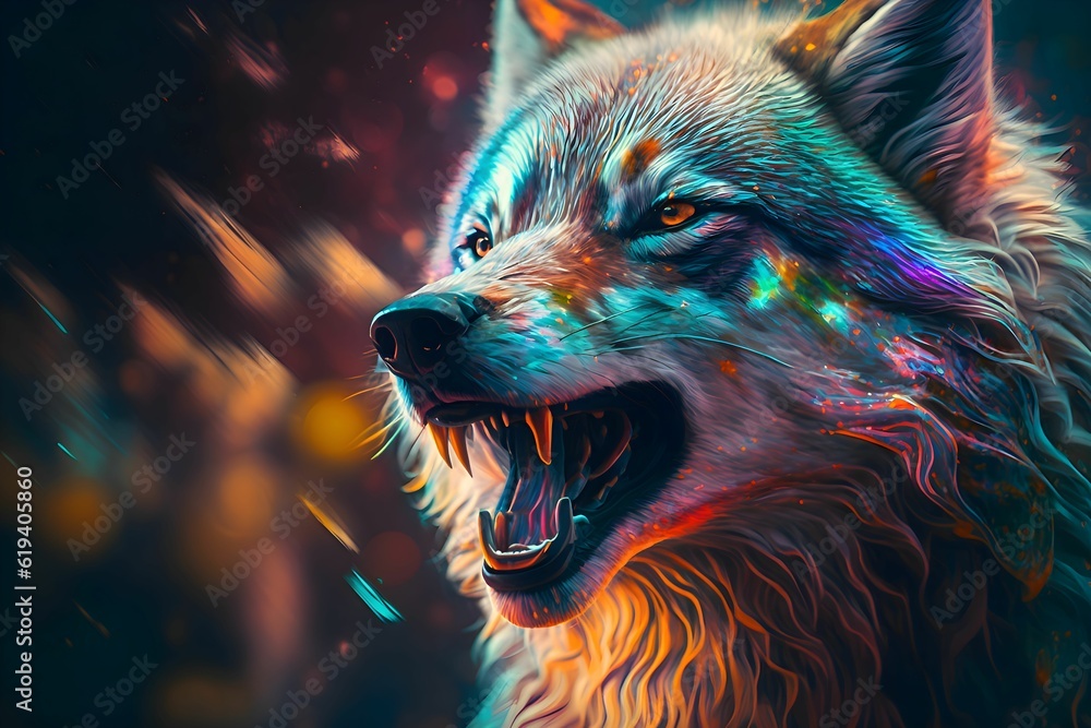 AI generated illustration of a portrait of a wild wolf with an open ...