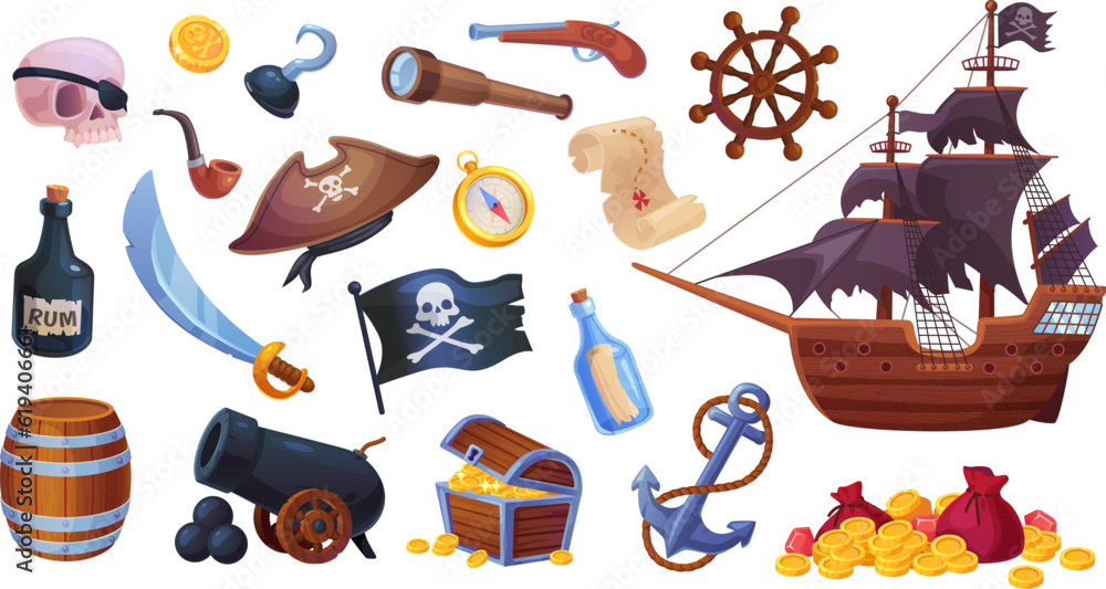 Pirate adventure objects. Pirates cartoon accessories, ship equipment ...