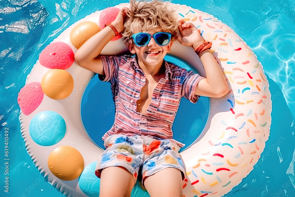 overjoyed laughing smiling exited child in swimming pool floating on ...
