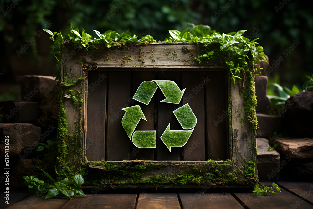 Green recycling icon framed, symbol on foliage background, concept eco ...