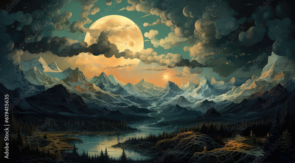 Night sky with a moon, in the style of jon foster, sublime wilderness ...