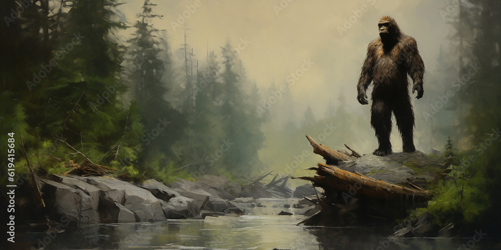Bigfoot crossing a creek river in a North American forest wilderness ...