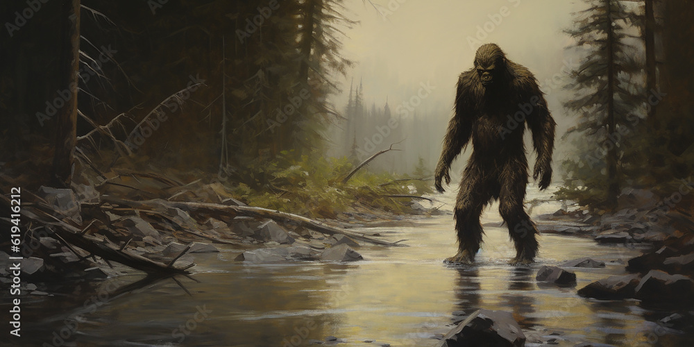 Bigfoot crossing a creek river in a North American forest wilderness ...