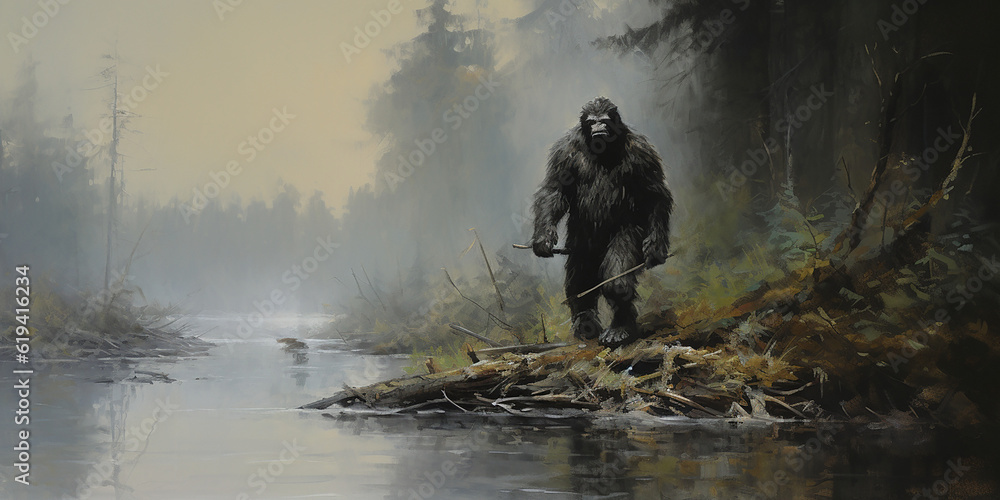 Bigfoot crossing a creek river in a North American forest wilderness ...
