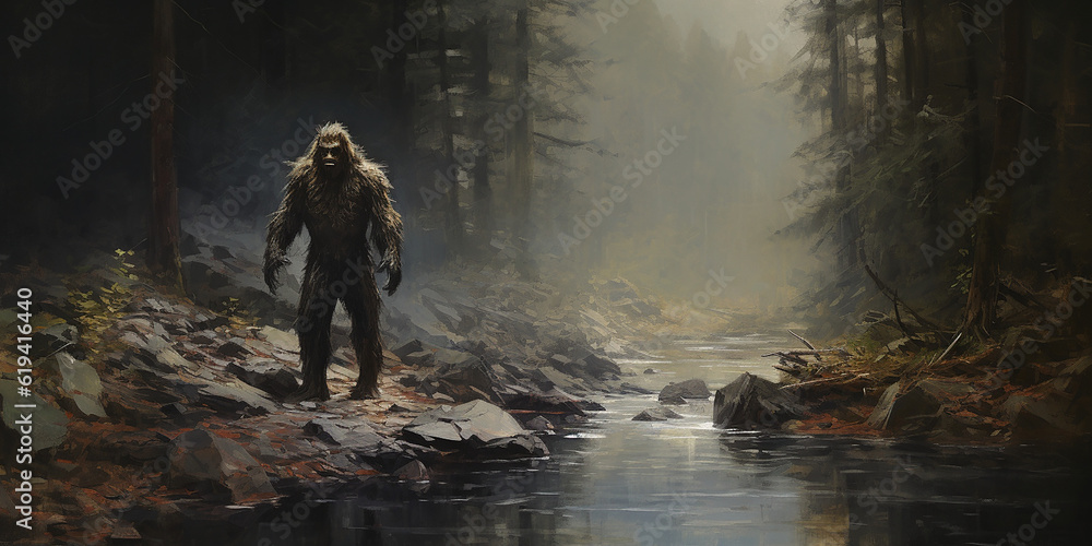 Bigfoot crossing a creek river in a North American forest wilderness ...