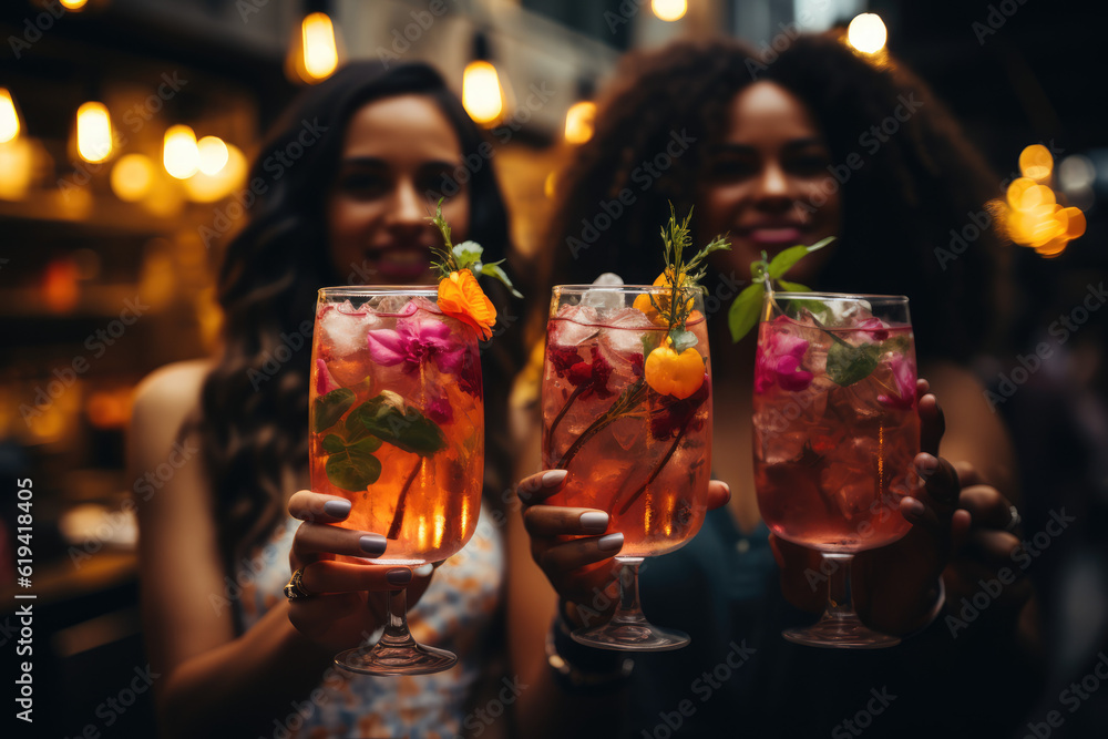 Cheers to Friendship: Multiple Ladies Pointing to Glasses of Alcohol ...
