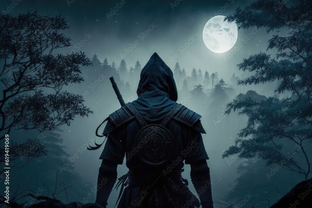 Landscape with dark ninja from the back and full moon, black background ...