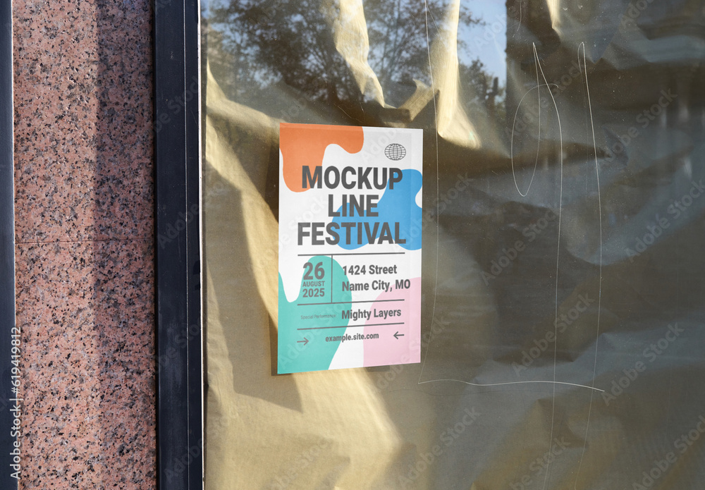 Mockup of customizable A4 poster on window Stock Template | Adobe Stock