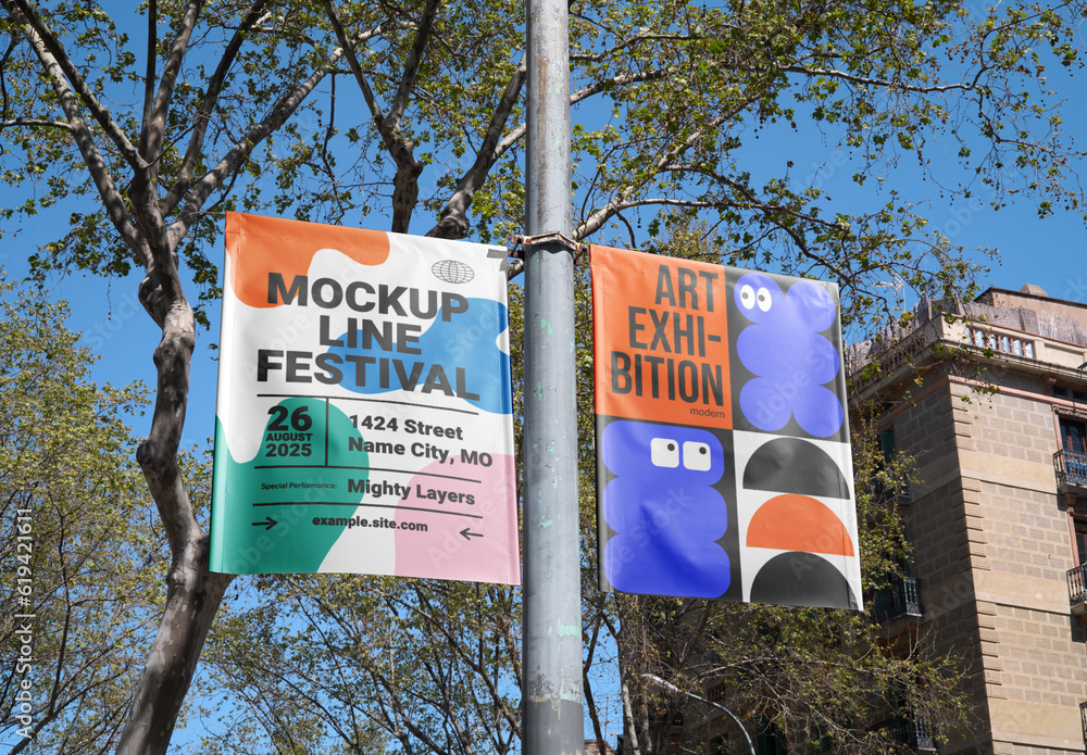 Mockup of customizable promotional signs on lamp post Stock Template ...