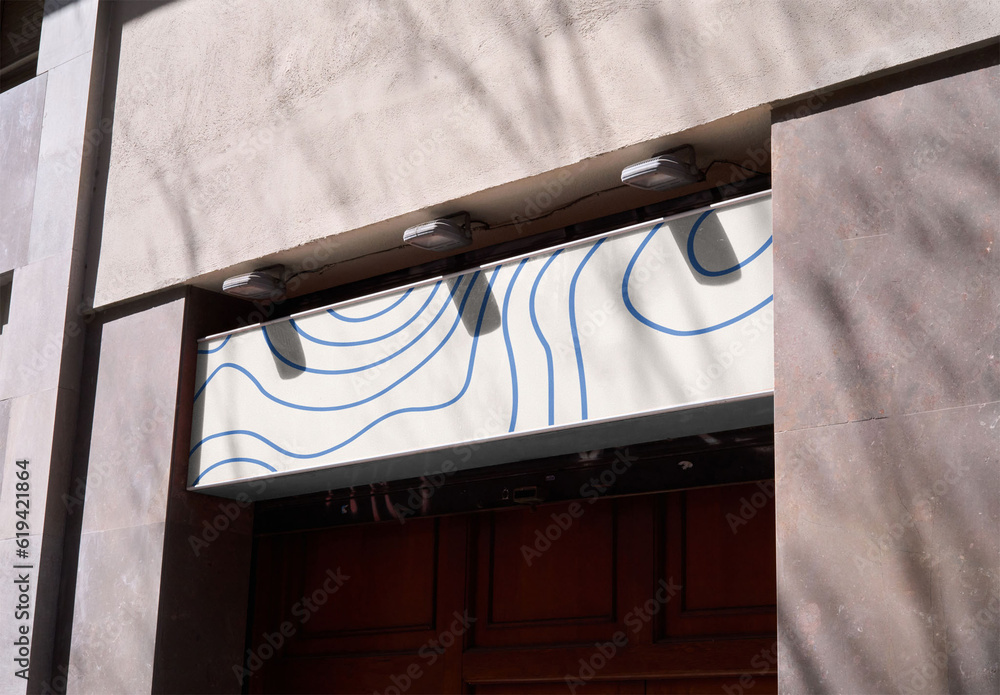 Mockup of customizable sign above window outside building Stock ...