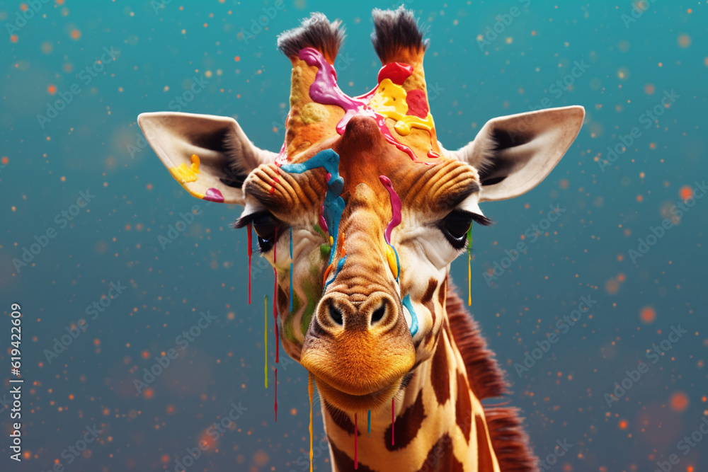A curious giraffe with a long neck adorned in dripping paint ...
