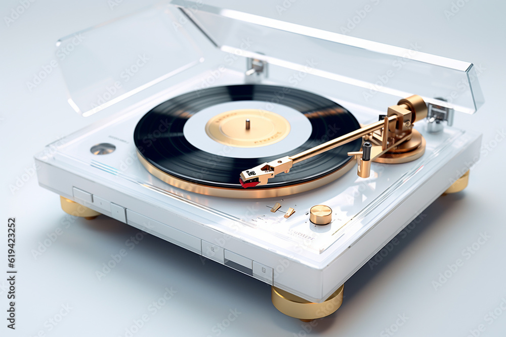 A retro turntable with a glossy white finish, complemented by gold ...